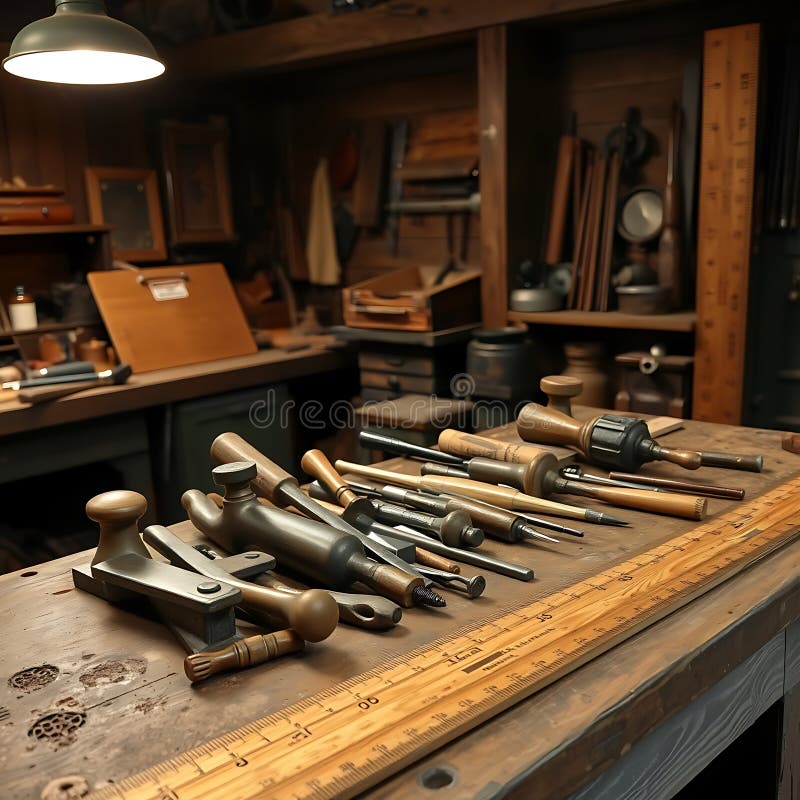 A Rustic Workbench with a Variety of Hand Tools and a Large Wooden ...