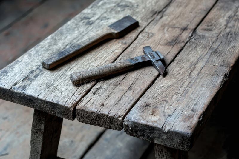 Rustic Workbench with Vintage Woodworking Tools in an Artisan Workshop ...