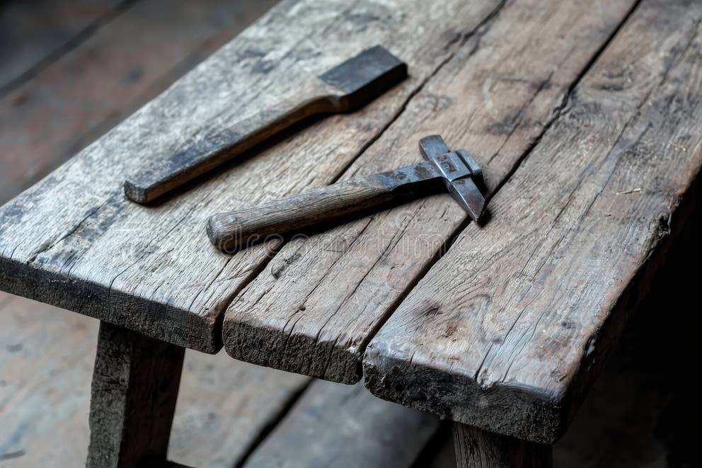 Rustic Workbench with Vintage Woodworking Tools in an Artisan Workshop ...