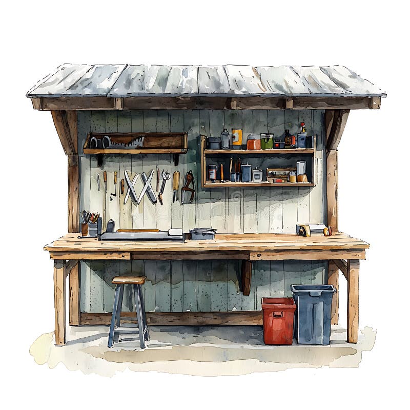 Rustic Workshop Bench with Tools and Supplies. this Image Captures a ...