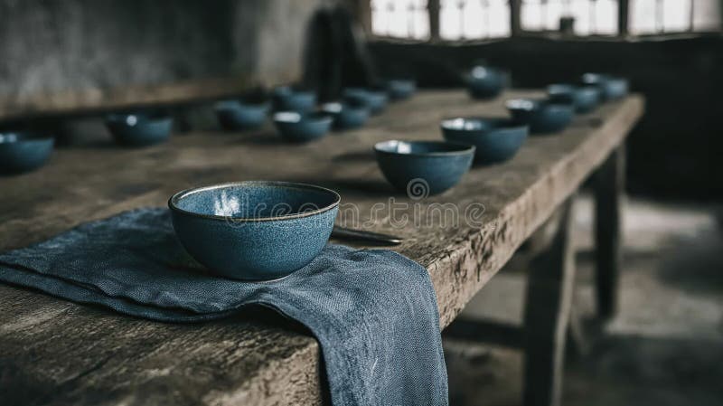 Rustic Workshop Blue Bowls Linen Table Setting Stock Photo - Image of ...