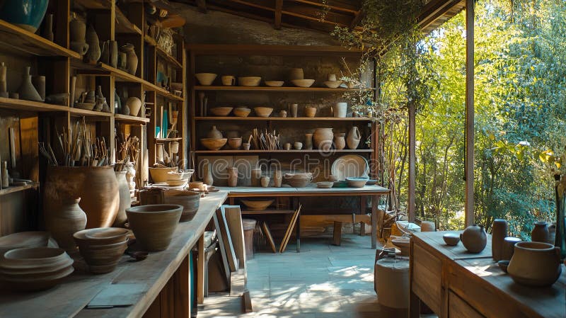 A Rustic Workshop with Handmade Pottery and Clay Tools on Display Stock ...