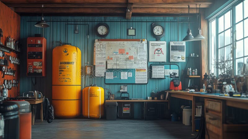 A Rustic Workshop Interior with Tools, Equipment, and a Large Window ...