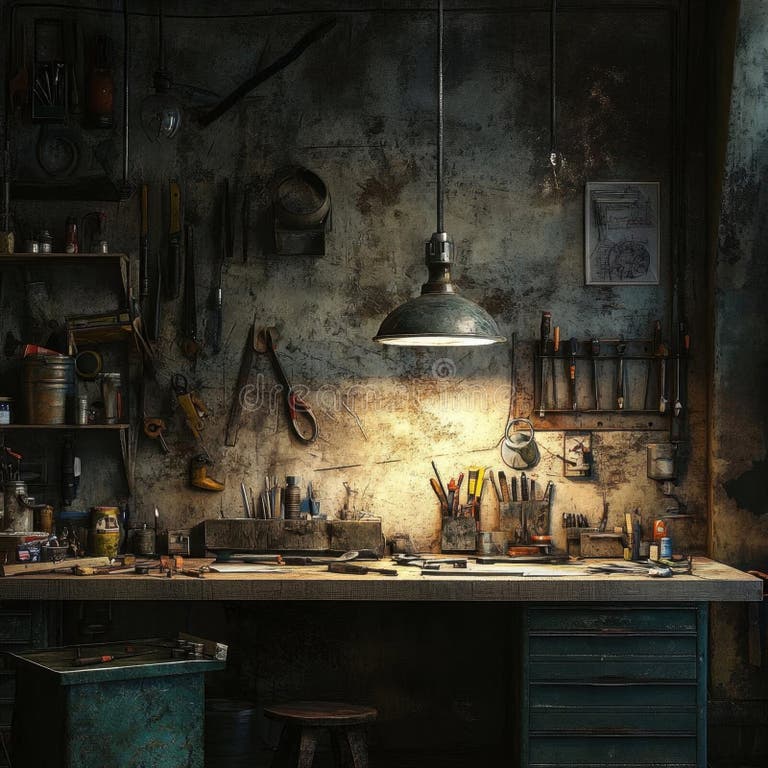 Rustic Workshop Interior with Tools and Workbench Stock Illustration ...