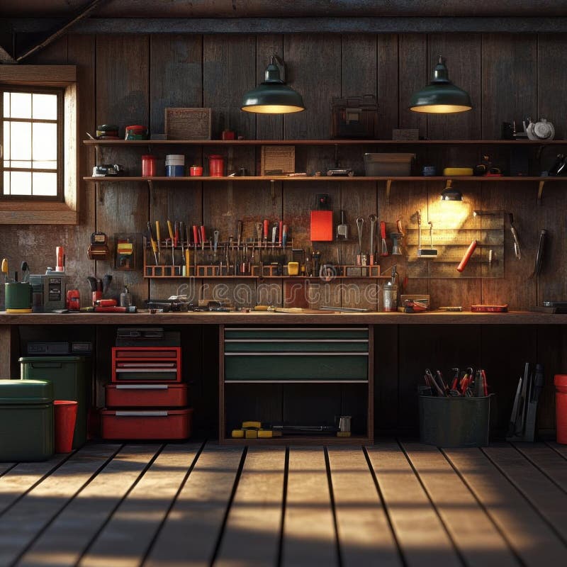 Rustic Workshop Interior with Wooden Workbench and Tools Stock ...