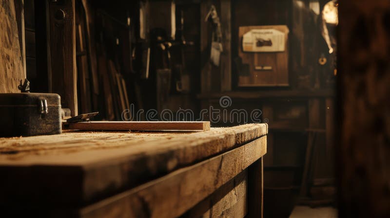 Rustic Workshop Interior with Wooden Workbench and Tools Illuminated by ...