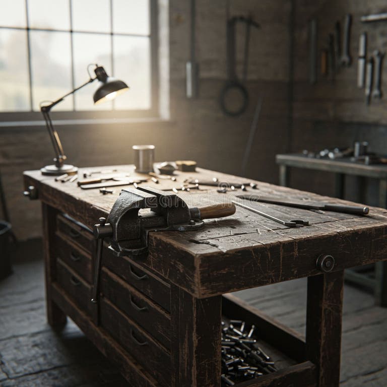 A Rustic Workshop Scene Features a Wooden Workbench with Visible Grain ...