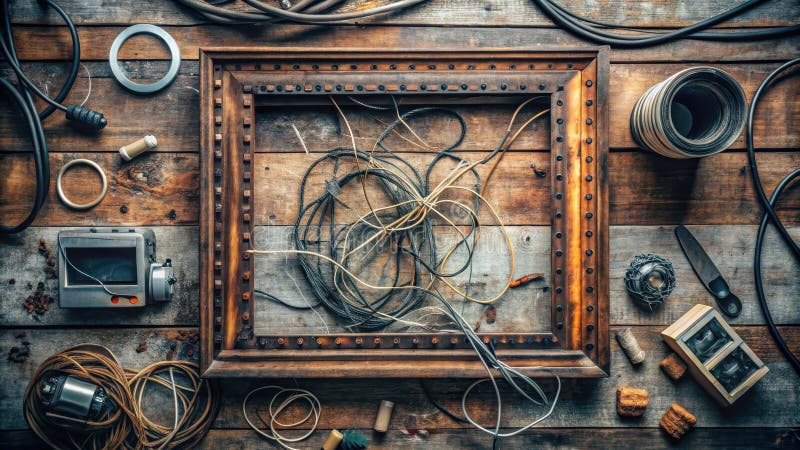 Rustic Workshop Scene Featuring Aged Wooden Frame and Assortment of ...