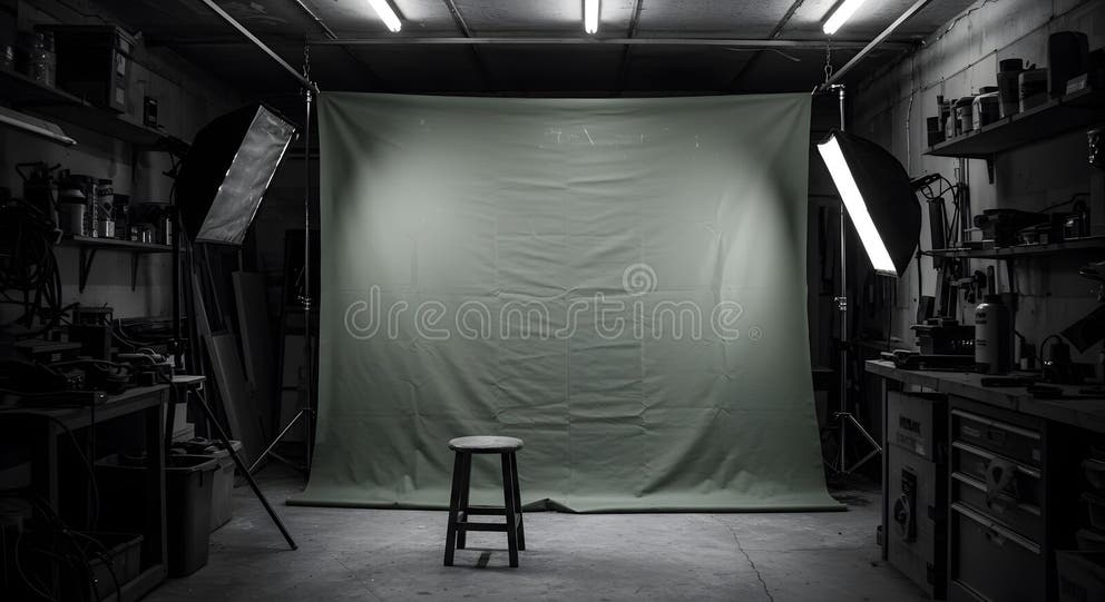Rustic Workshop Scene Featuring a Simple Stool, Cloth Backdrop and Soft ...
