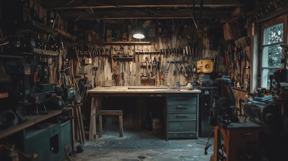 Rustic Workshop Showcase of Modern Tools and Craftsmanship in a Cozy ...