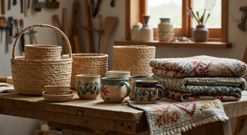 Rustic Workshop Still Life with Woven Baskets and Floral Mugs Stock ...