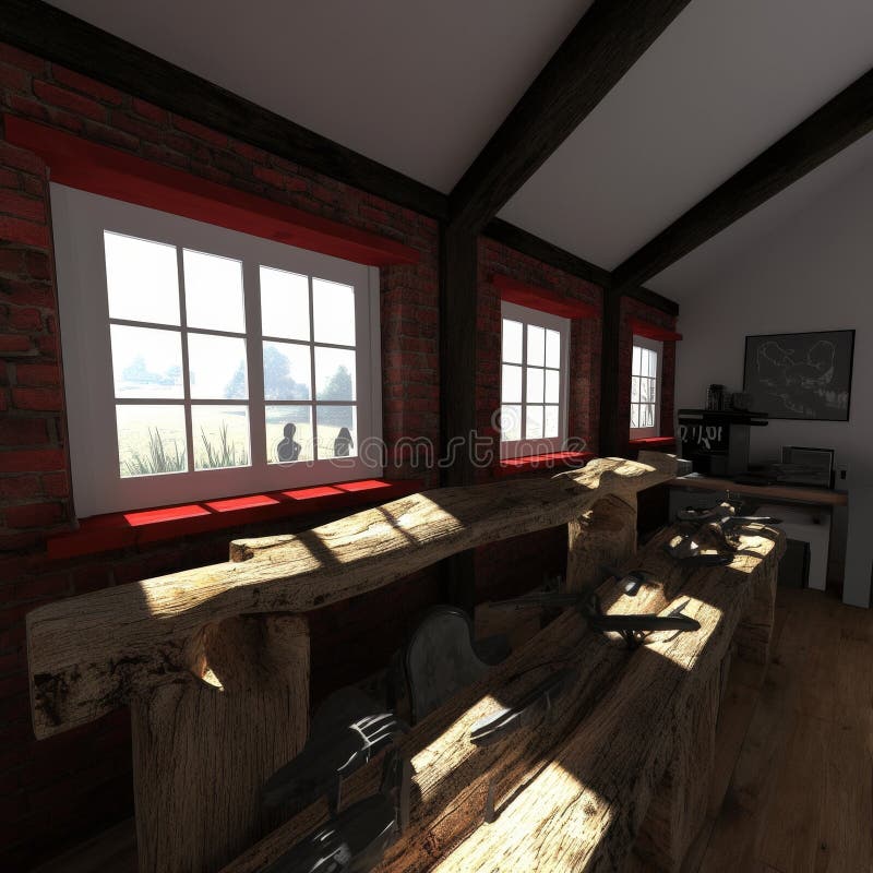 Rustic Workshop with Sunlit Windows Stock Illustration - Illustration ...