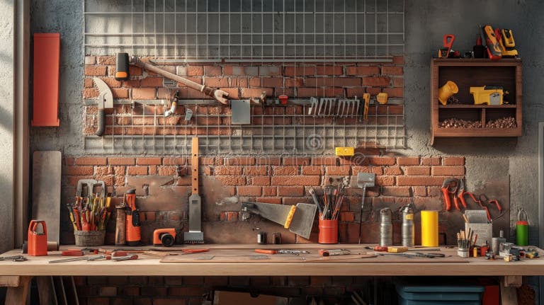 Rustic Workshop with Tools and Brick Wall - a Sunlit Space for Creativity and Craftsmanship ...