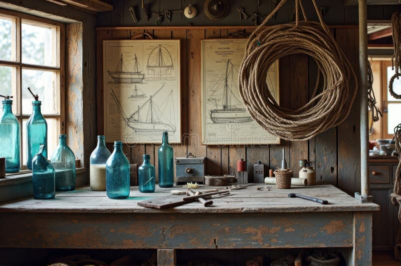 Rustic Workshop with Vintage Tools and Nautical Decor in Sunlit Room ...