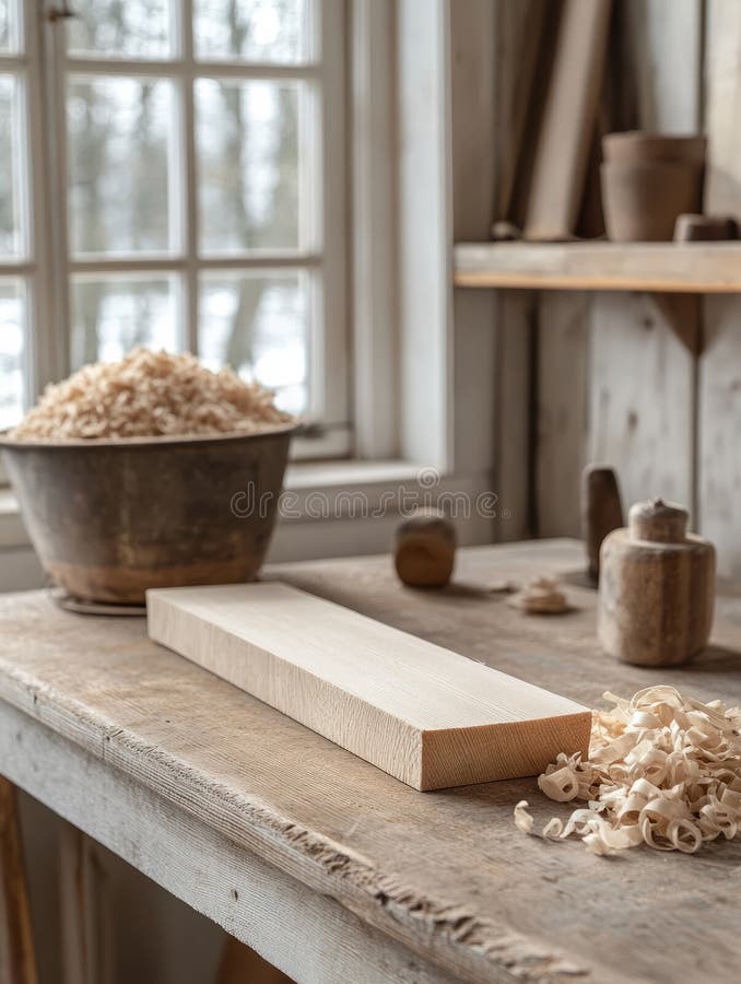 Rustic Workshop with Wood Shavings and Tools on Workbench. Stock Image ...