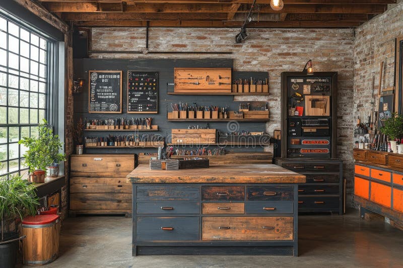 A Rustic Workshop with a Wooden Workbench, Shelves, and Drawers, Set ...