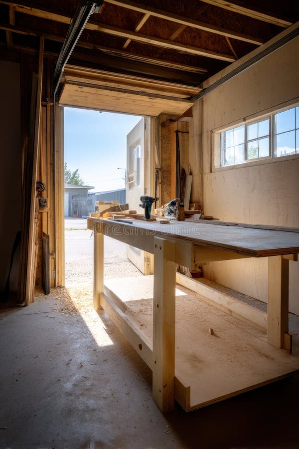 Rustic Workshop with Wooden Workbench and Sunlight Streaming through ...