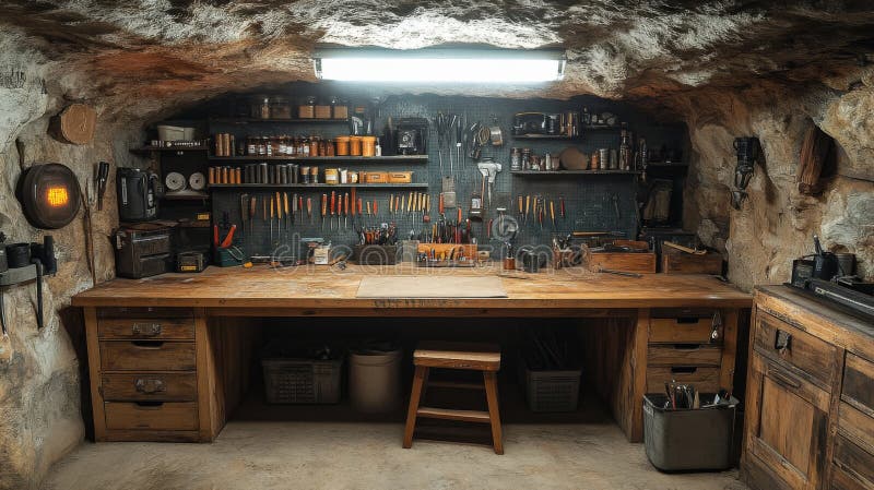 Rustic Workshop with Wooden Workbench and Tools in a Stone Cave Setting ...