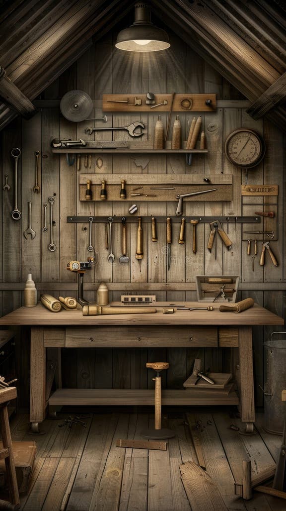 A Rustic Workshop with a Wooden Workbench, Various Tools Hanging on the ...