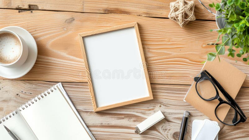 Rustic Workspace with Coffee, Notebook, and Blank Frame on Wooden Table ...