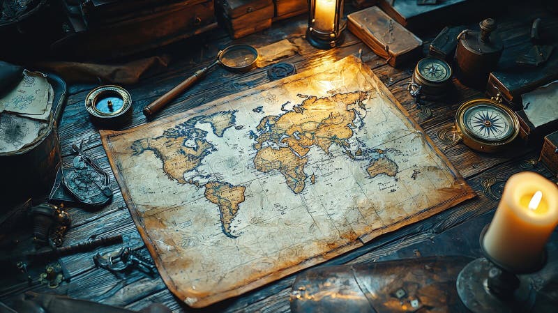 Rustic World Map Surrounded by Candles and Antique Tools Stock Image ...