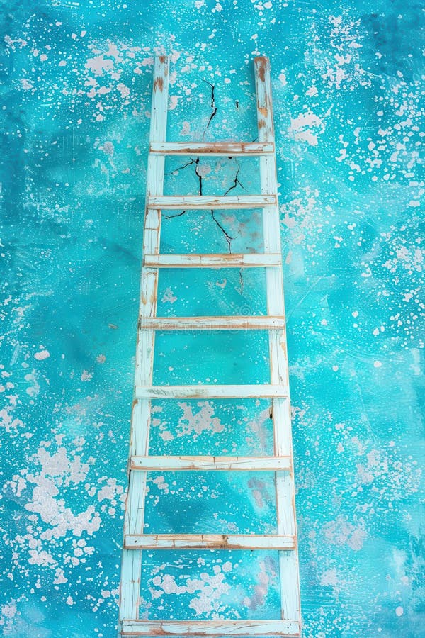 A Rustic, Worn Ladder Leaning Against a Blue Wall with Paint Splatters ...