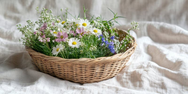 Rustic Woven Basket Filled with Vibrant Wildflowers on Soft Fabric ...