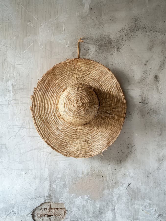 A Rustic Woven Straw Hat Hanging on a Weathered Wall. Stock Image ...