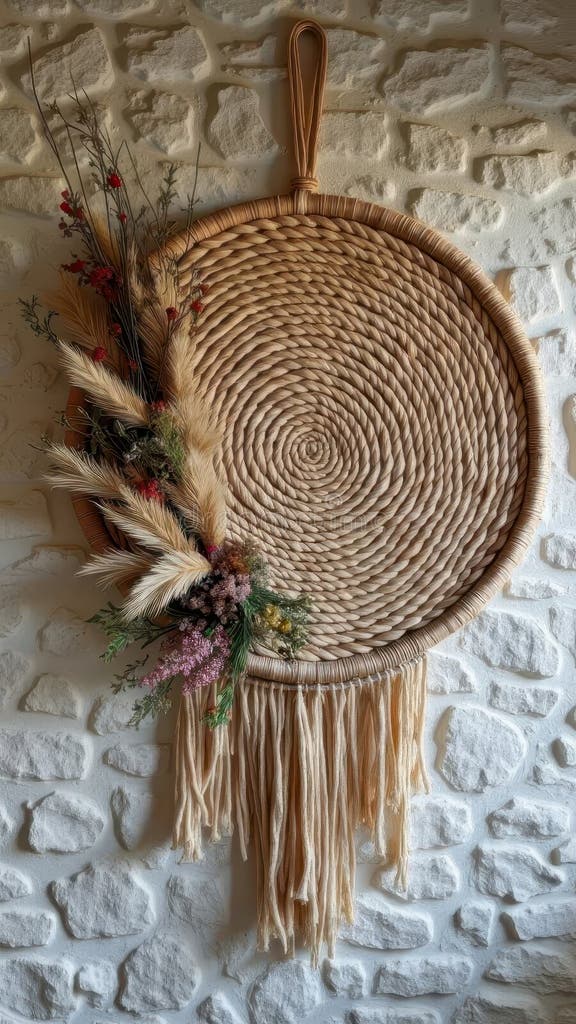 Rustic Woven Wall Decor with Dried Flowers and Fringe on Stone ...