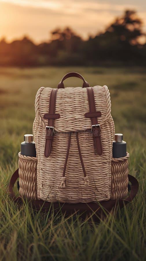 Rustic Woven Wicker Backpack with Leather Straps in Golden Hour ...