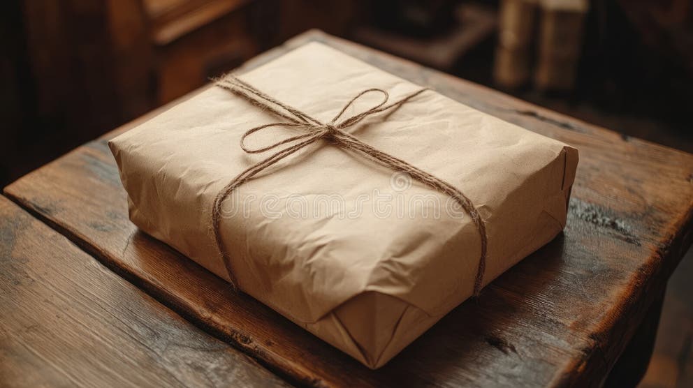 Rustic Wrapped Gift Package with String on a Wooden Table. Stock Image ...