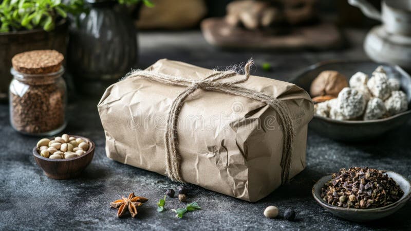 Rustic Wrapped Package of Food with Spices and Nuts on a Dark Table ...