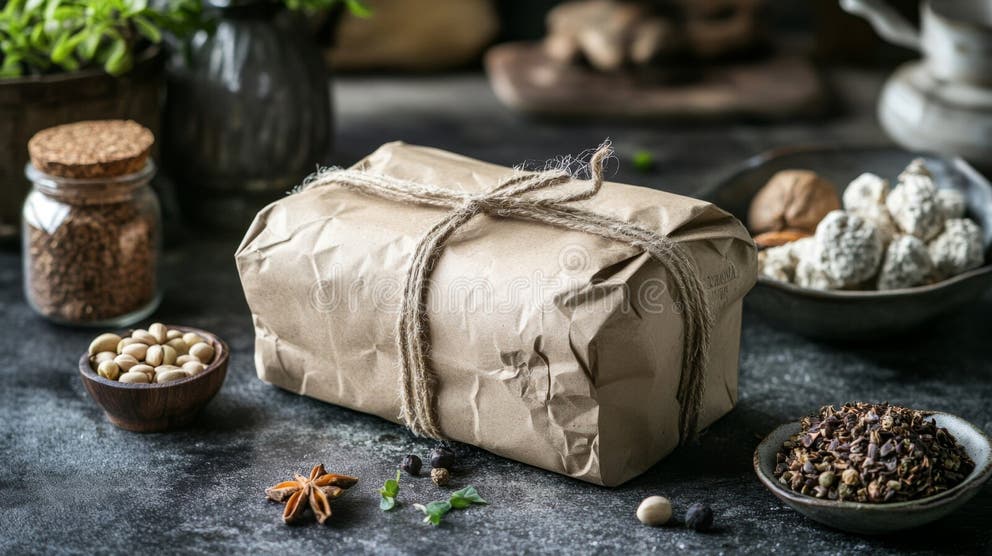 Rustic Wrapped Package of Food with Spices and Nuts on a Dark Table ...