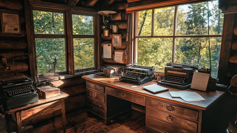 A Rustic Writing Cabin with a Desk, a Typewriter, and a Large Window ...