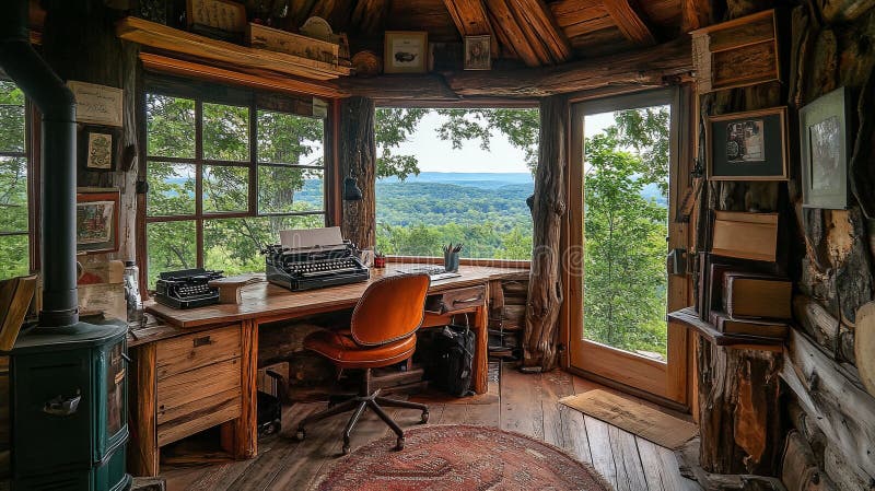 A Rustic Writing Cabin with a Desk, a Typewriter, and a Large Window ...