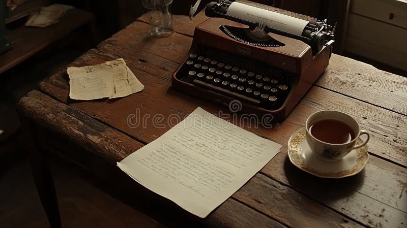 A Rustic Writing Desk with an Antique Typewriter, Paper, and a Cup of ...