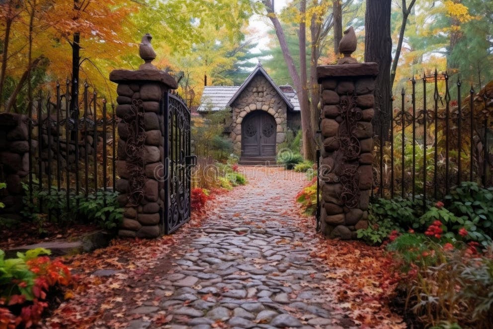 Rustic Wrought Iron Gate with Cobblestone Path Stock Illustration ...