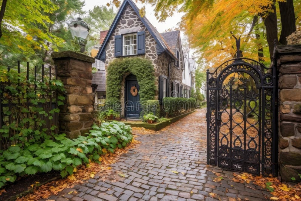 Rustic Wrought Iron Gate in a Cobblestone Pathway Stock Illustration ...