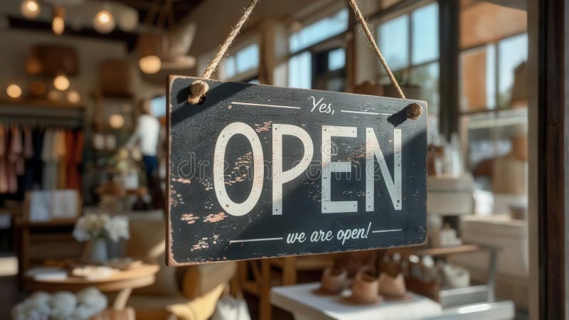 Rustic Yes, Open, we are Open! Sign Hanging in a Cozy Boutique ...