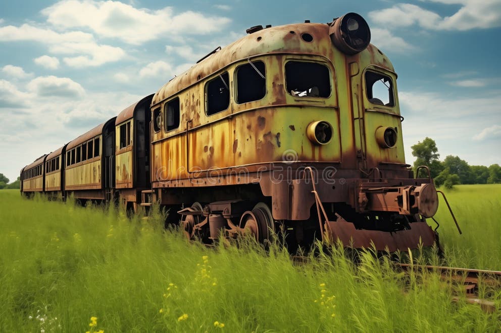 Rusting Abandoned Train in a Green Field Stock Photo - Image of railway ...