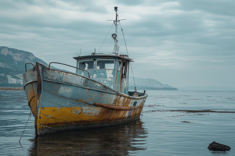 Rusting Boat Adrift in Open Ocean Stock Photo - Image of marine, boat ...