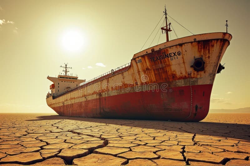 Rusting Cargo Ship on Parched Desert Landscape Under Bright Sun Stock ...