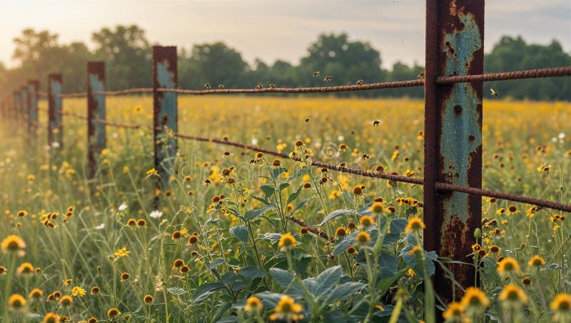 Rusting Fence Borders Wildflower Field Buzzing with Bees in Midday Heat ...