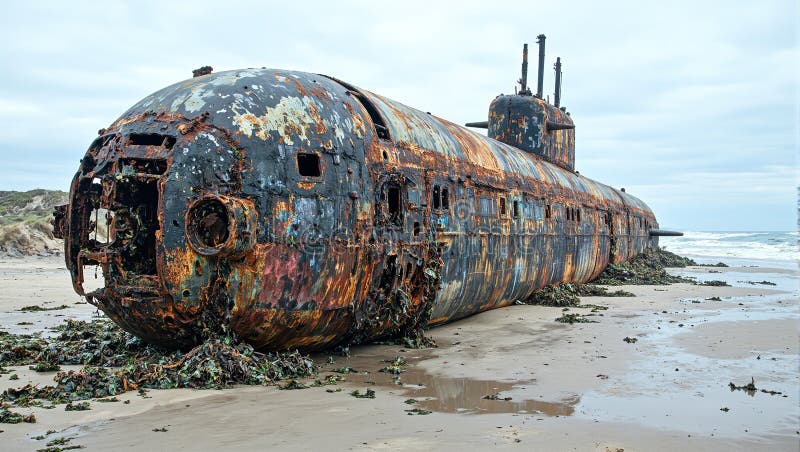 Rusting Submarine Stranded on Beach Covered in Barnacles and Seaweed ...