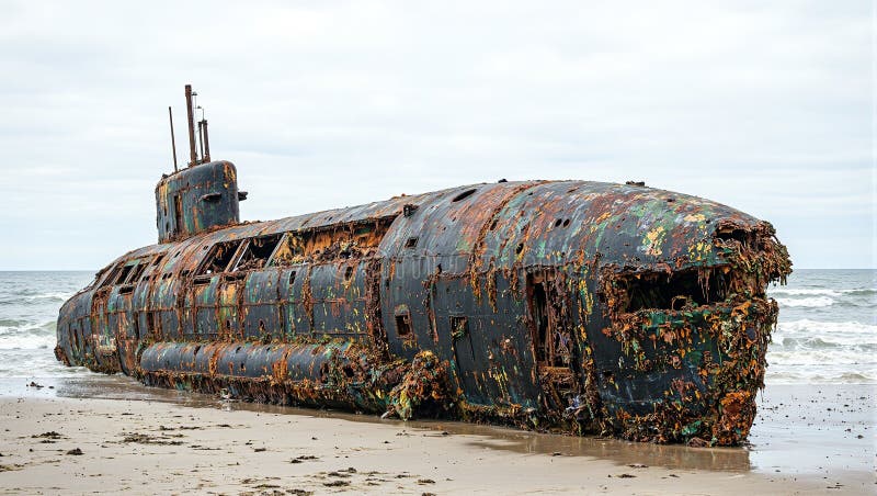 Rusting Submarine Stranded on Beach Covered in Barnacles and Seaweed ...