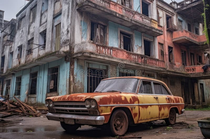 Vintage Car in Front of High-rise Building, with View of Bustling ...
