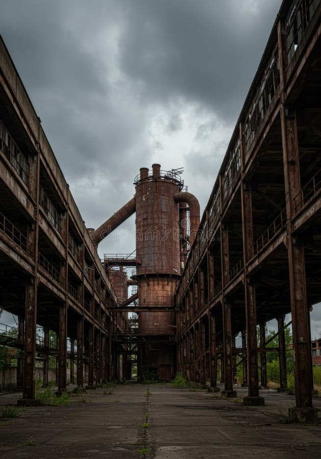 Rusty Abandoned Factory Ruins Under an Overcast Sky Stock Illustration ...
