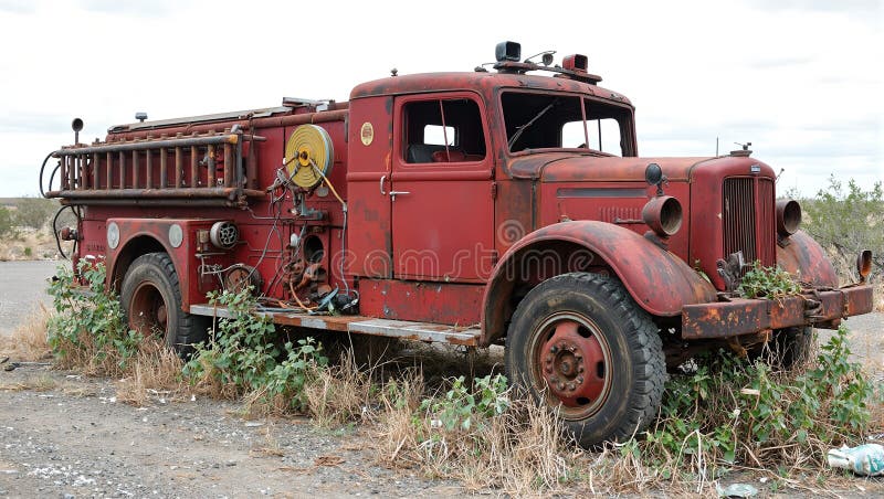 Rusty Abandoned Fire Truck in Desolate Lot Surrounded by Tall Weeds and ...