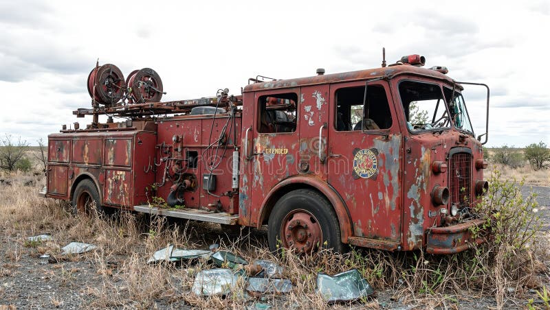 Rusty Abandoned Fire Truck in Desolate Lot Surrounded by Tall Weeds and ...