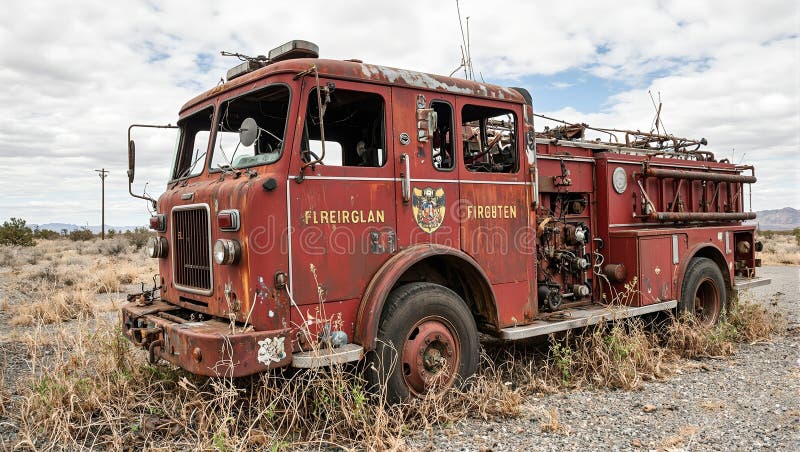 Rusty Abandoned Fire Truck in Desolate Lot Surrounded by Tall Weeds and ...